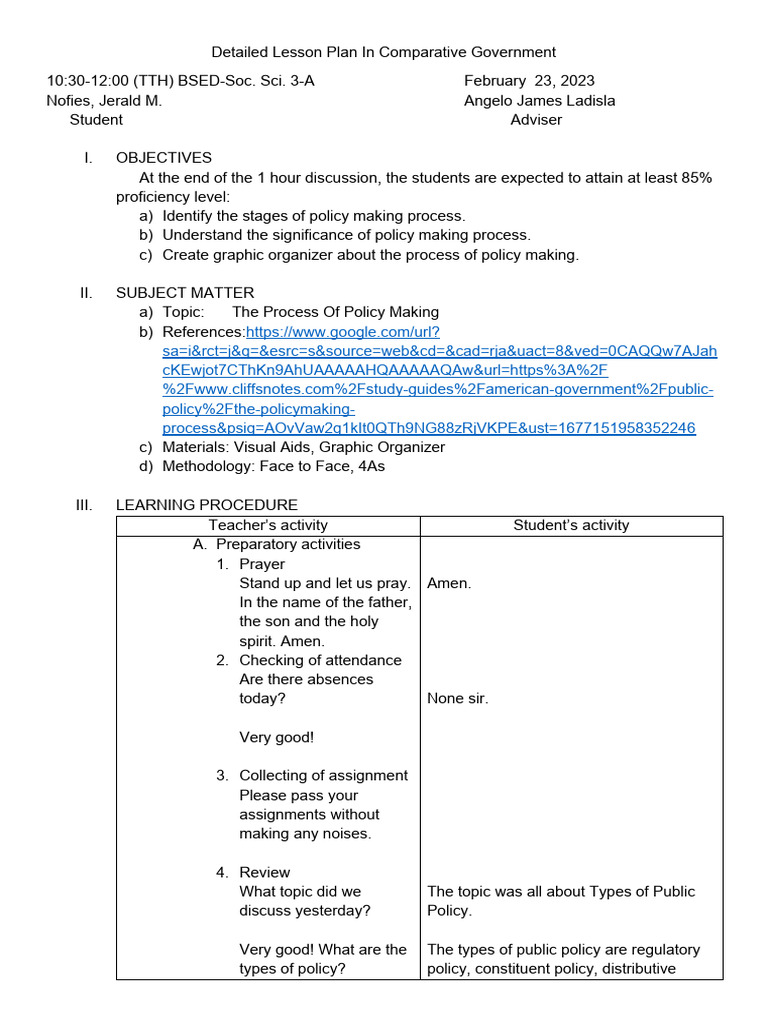 Detailed Lesson Plan in Comparative Government | PDF | Policy ...