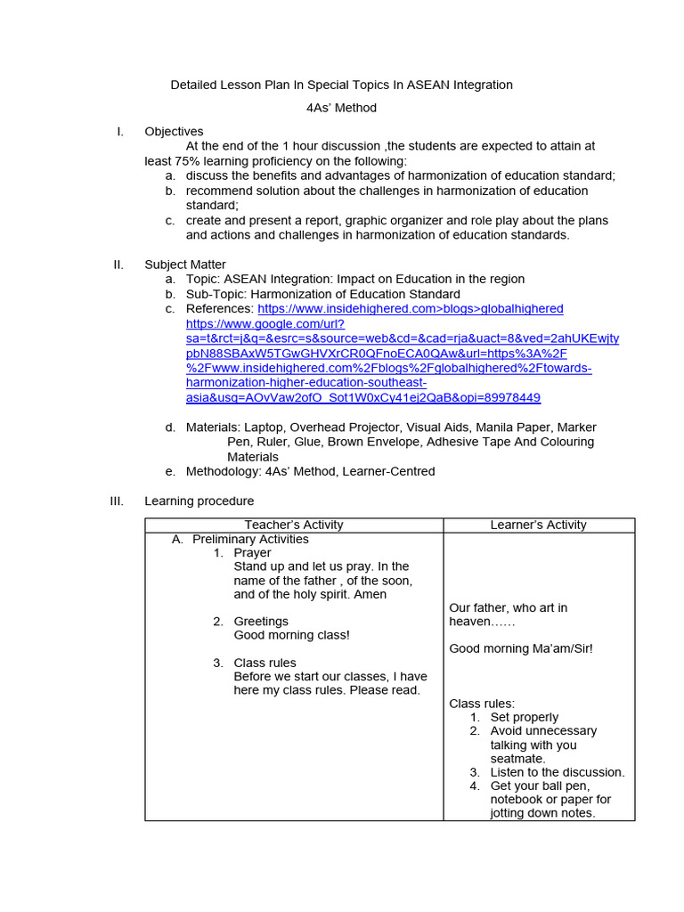 Detailed Lesson Plan in Special Topics in ASEAN Integration | PDF