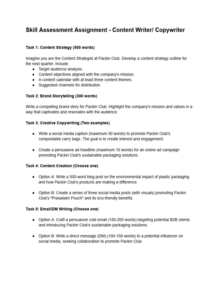 Skill Assessment Assignment - Content Writer - Copywriter | PDF