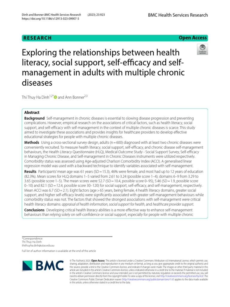 Exploring The Relationships Between Health Literacy, Social Support, Self-Efficacy and Self ...