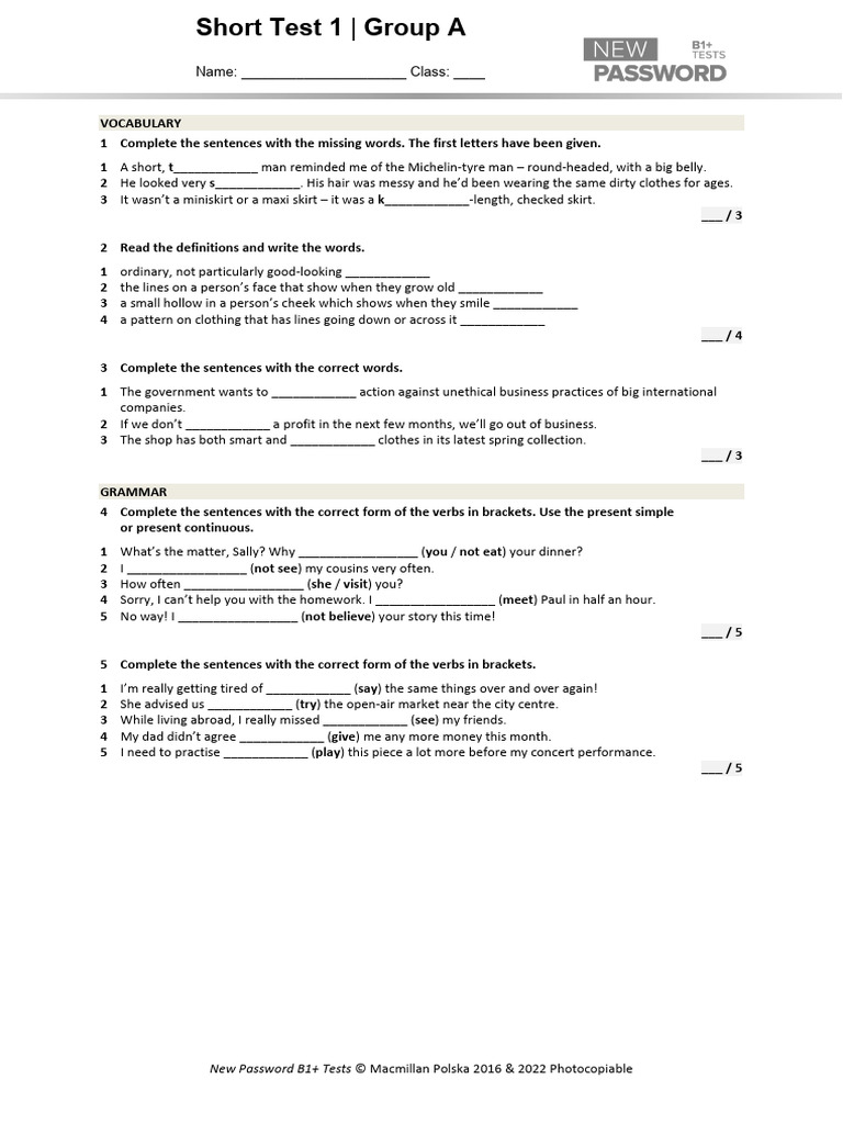 Short Test 1: New Password B1+ | PDF