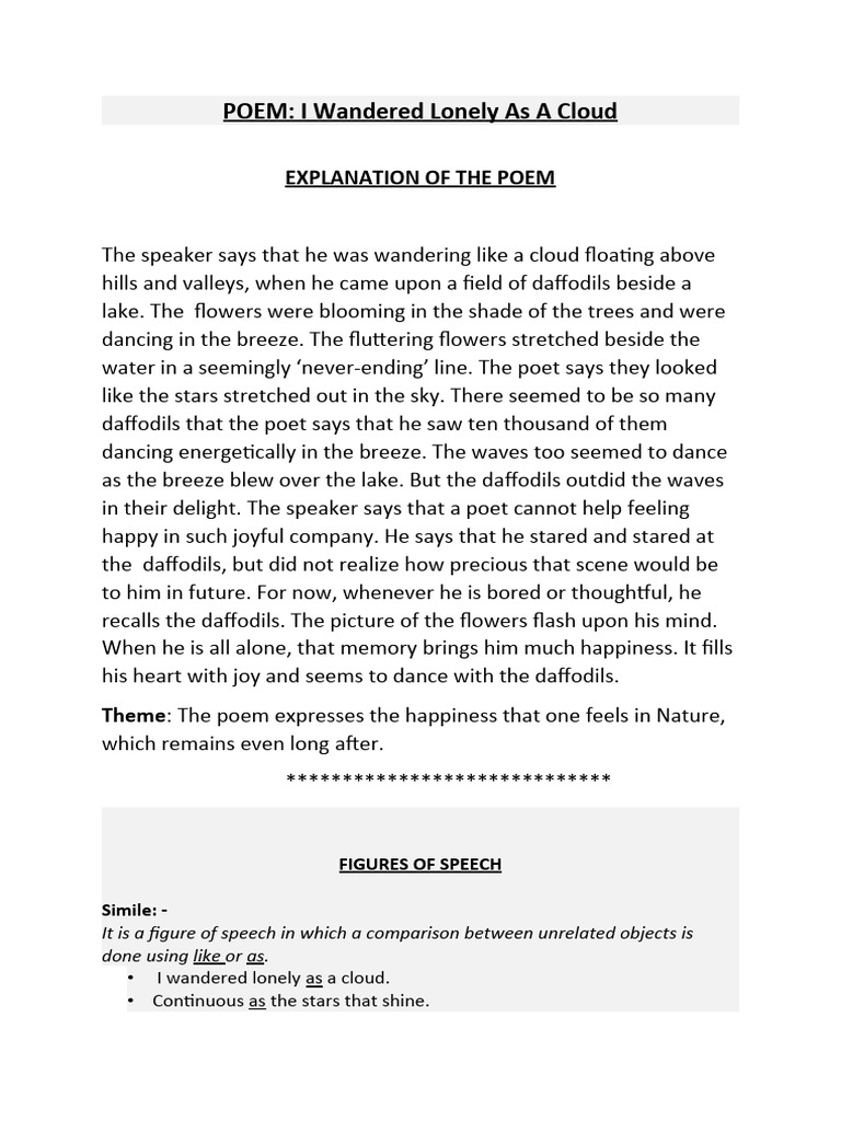 Explanation, Theme & Figures of Speech of Poem 'I Wandered Lonely As A ...