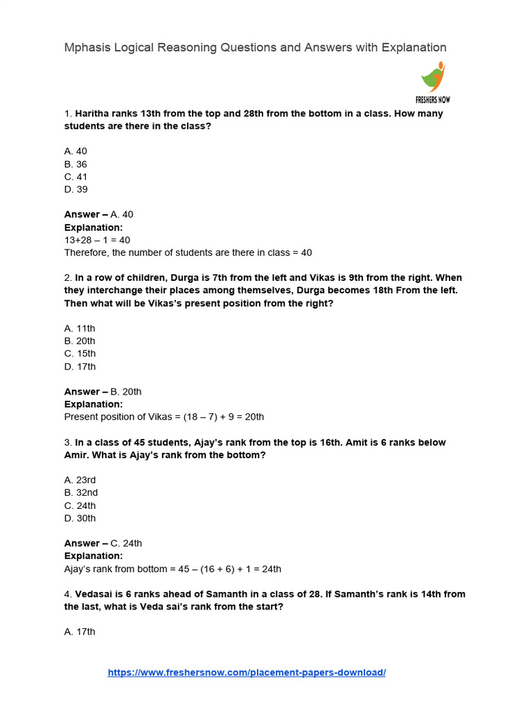 Mphasis Logical Reasoning Questions And Answers Pdf