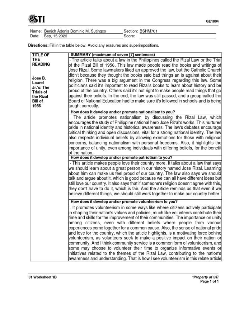 01 - Worksheet - 1B RIZAL | PDF | Volunteering | Nationalism