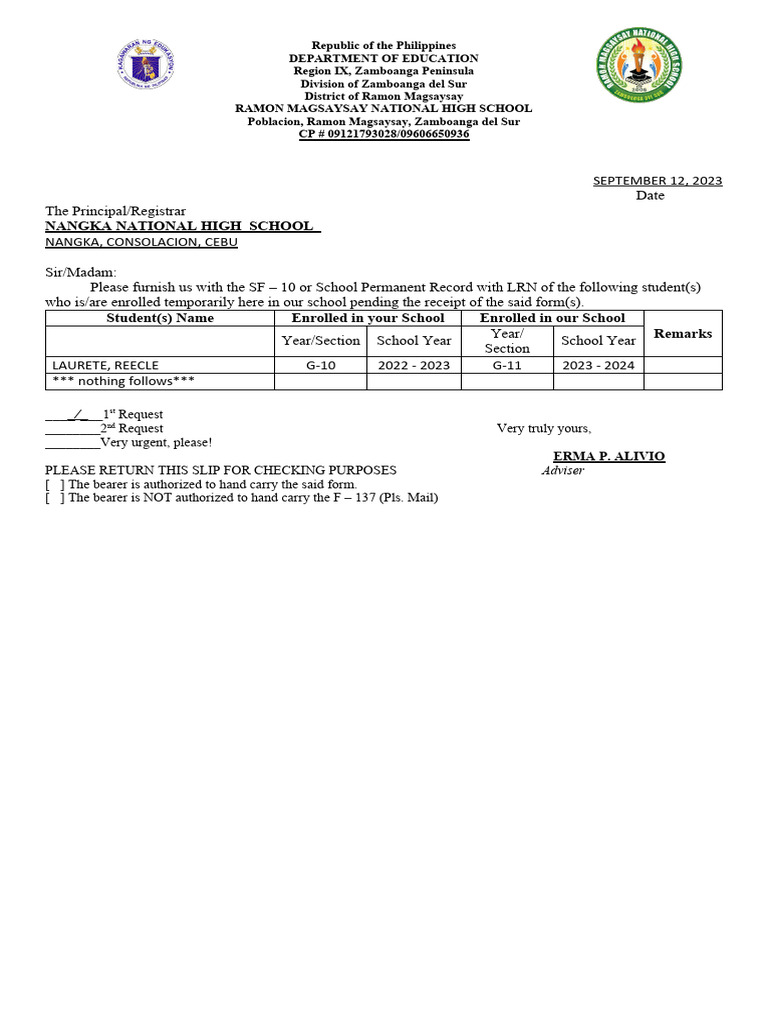 F10 Request Form | PDF