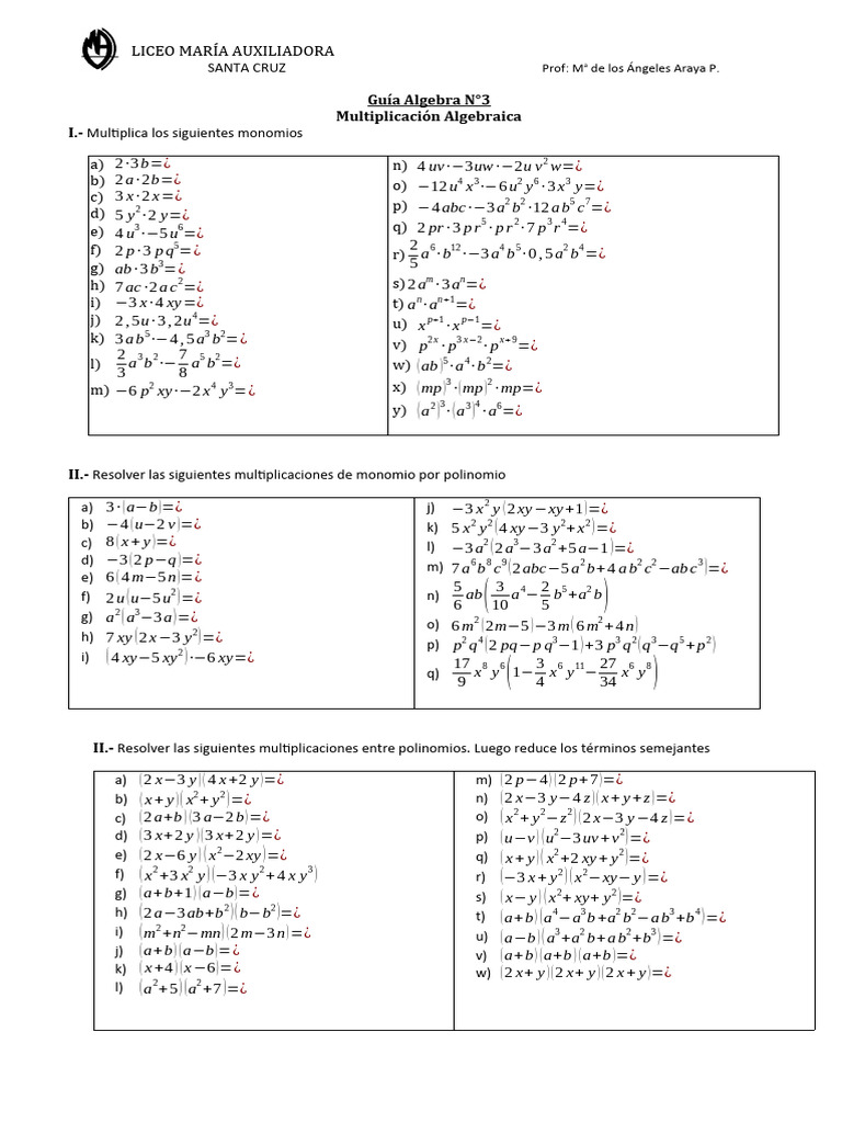 multiplicación de polinomios | PDF | Álgebra | Álgebra abstracta