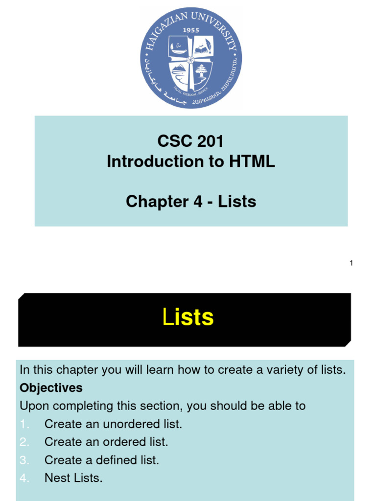 Chapter 4 (Lists) | PDF | Html Element | Html Chapter 4 (Lists) | PDF | Html Element | Html