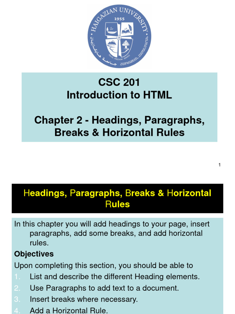 Chapter 2 (Headings, Paragraphs, Breaks Horizontal Rules) | PDF