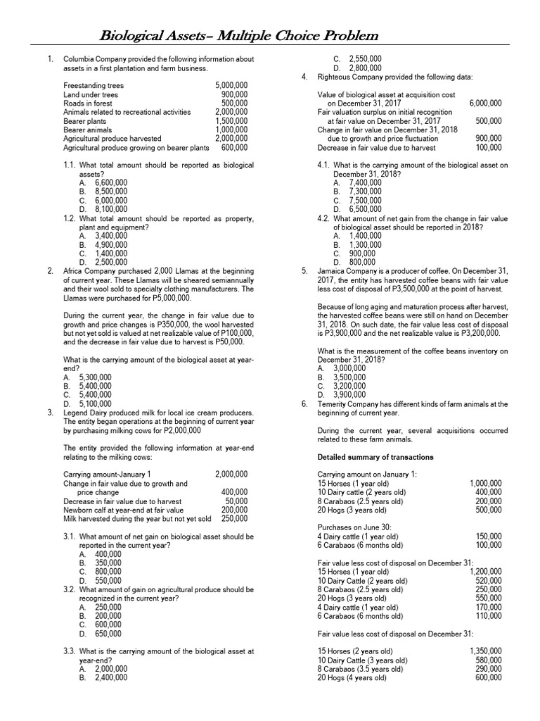 15 Biological Assets - Multiple Choice Problem | PDF