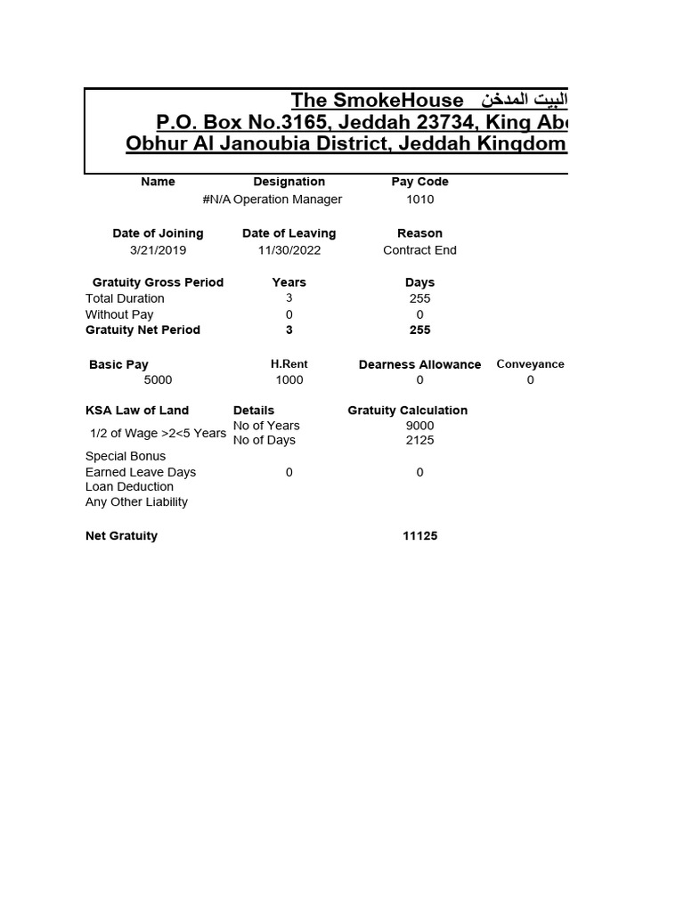 KSA Gratuity Calculation & Employee Details | PDF