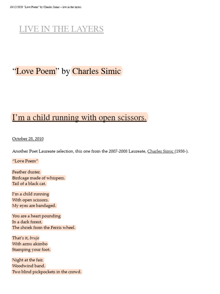EM 7 Love Poem by Charles Simic Live in The Layers | PDF