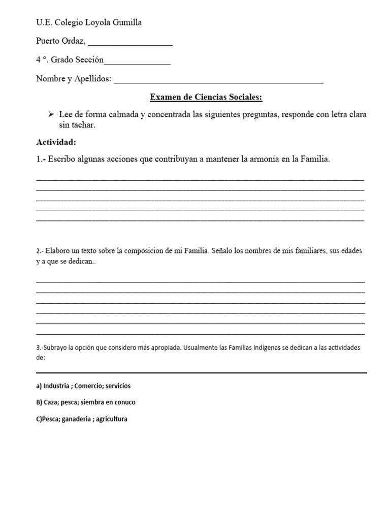 Examen La Familia 4to Grado | PDF | Familia