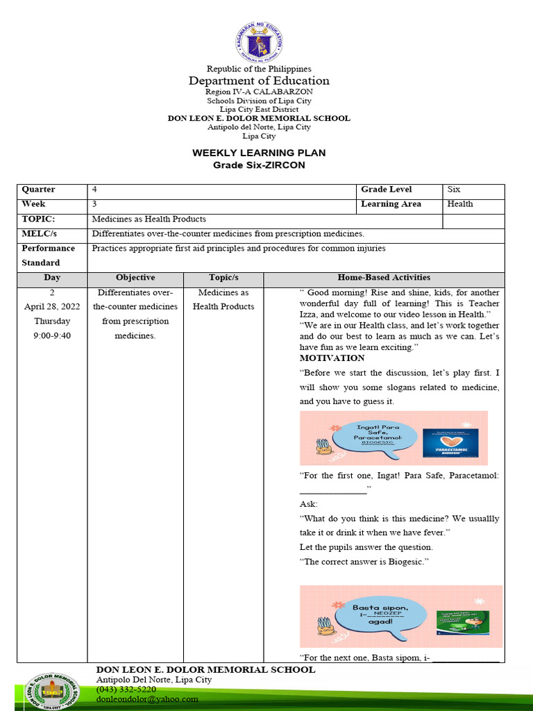 COT 2 HEALTH 6 - LESSON PLAN-port | PDF | Over The Counter Drug | Prescription Drugs