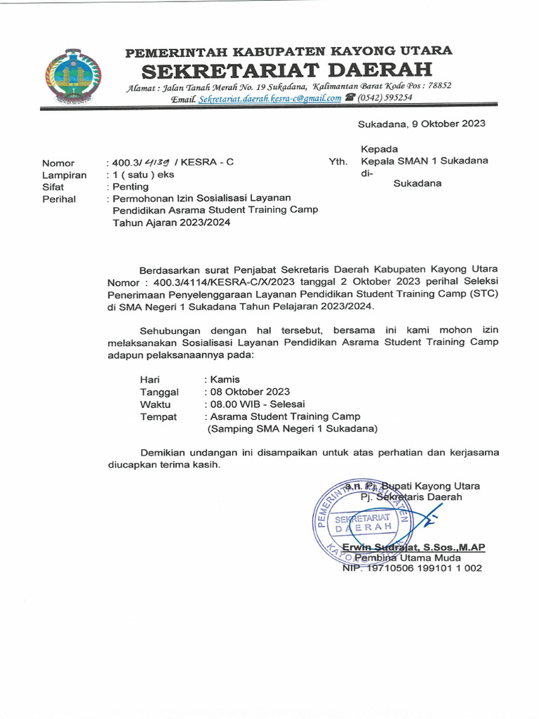Permohonan Izin Sosialisasi Dan Undangan Layanan Pendididkan Asrama STC | PDF