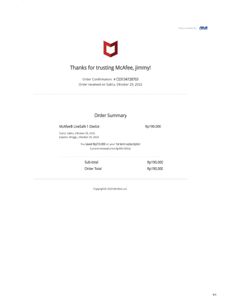 INVOICE Antivirus MCafee | PDF