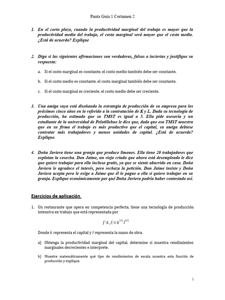 gu%C3%ADa+1+certamen+2 | PDF | Costo marginal | Business