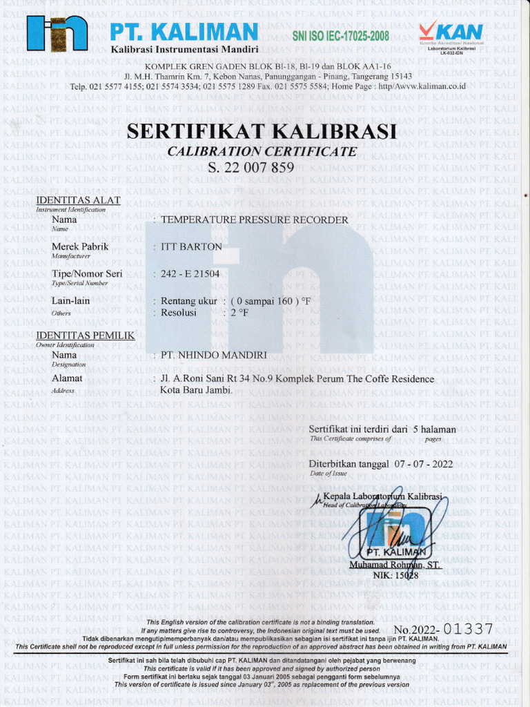 Sertifikat Kalibrasi ITT Barton 1000 Psi, Temperature Pressure Recorder ...