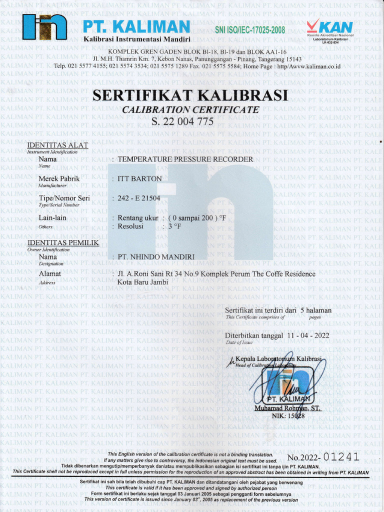 Sertifikat Kalibrasi (500 Psi) S.22 004 775 (Temperature Pressure Recorder ITT Barton 242-E ...