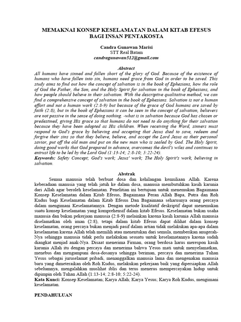 Memaknai Konsep Keselamatan Dalam Kitab Efesus Bagi Insan Pentakosta ...