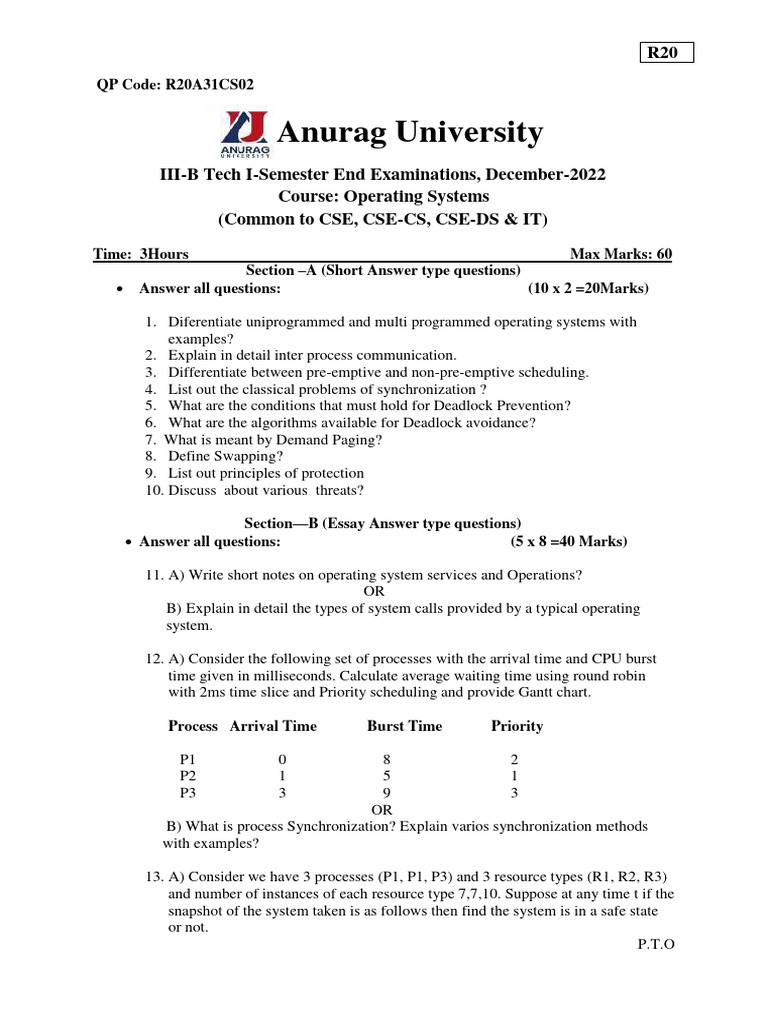 Operating Systems Cse Cse Cs Cse Ds And It Iii I R20 Dec 2022 Pdf Scheduling