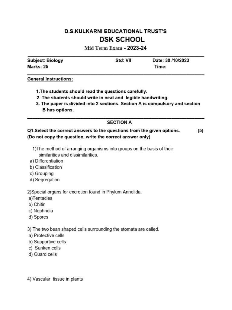 Grade 7 Bio Paper | PDF | Tissue (Biology) | Plants