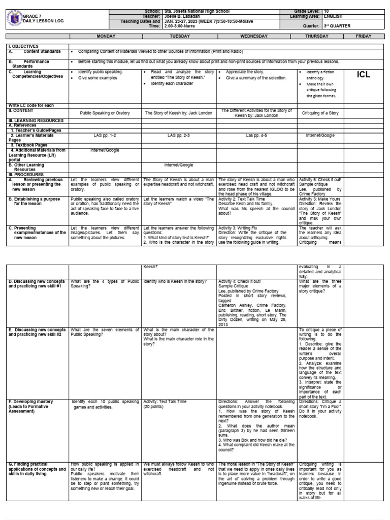 G10 DLL - 3Q Week 3 (Edited) | PDF | Public Speaking | Learning