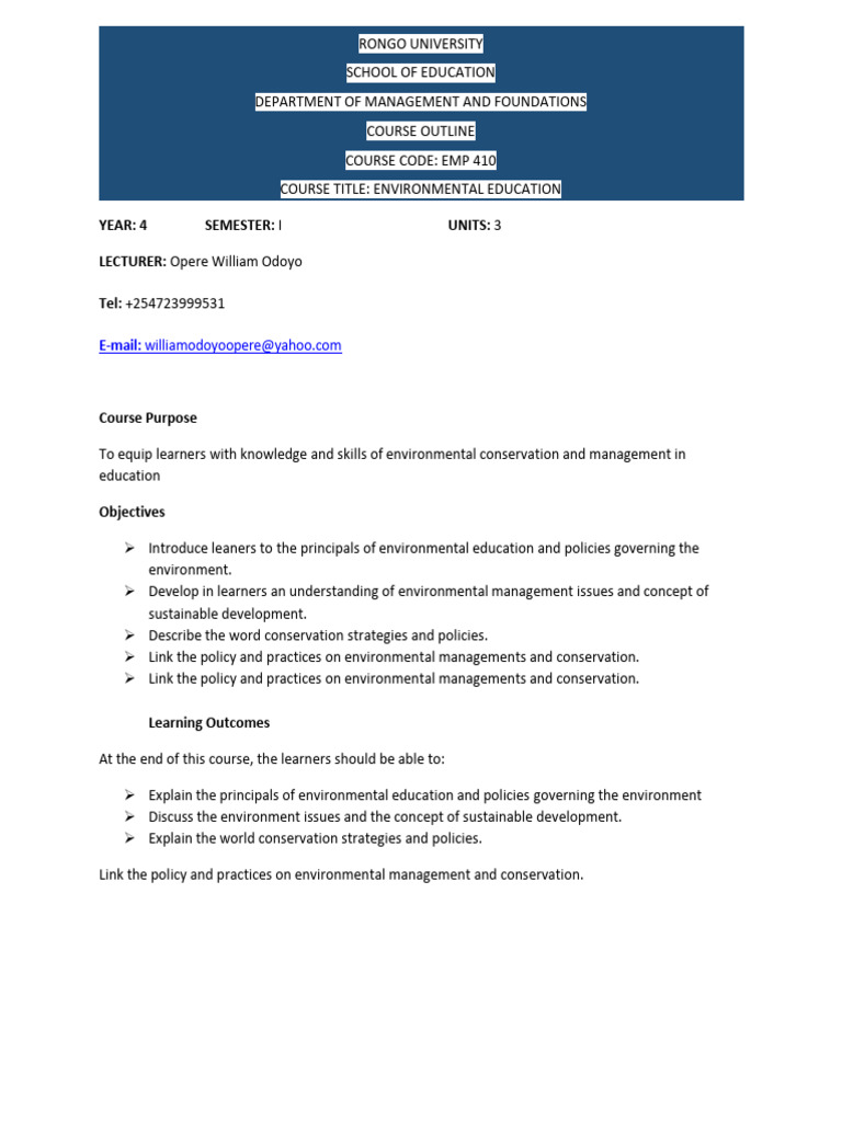 Emp 410 Course Outline 2021 Sep-Dec | PDF | Environmental Resource ...