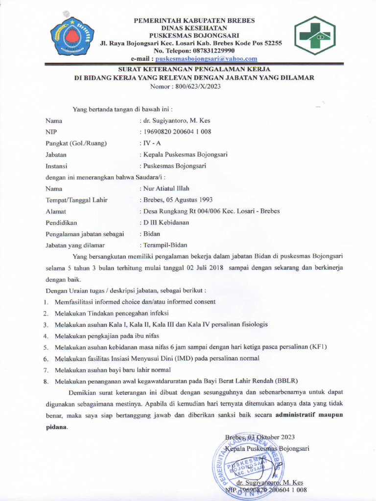 Surat pengalaman kerja dibidang kerja yang relevan dengan jabatan yang dilamar | PDF