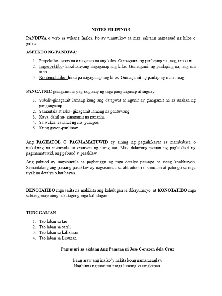 Notes Filipino 9 | PDF
