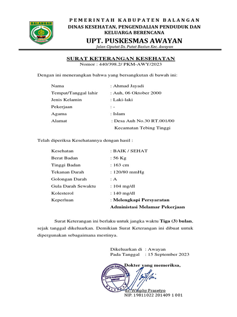 Surat Keterangan Kesehatan Ahmad Jayadi | PDF