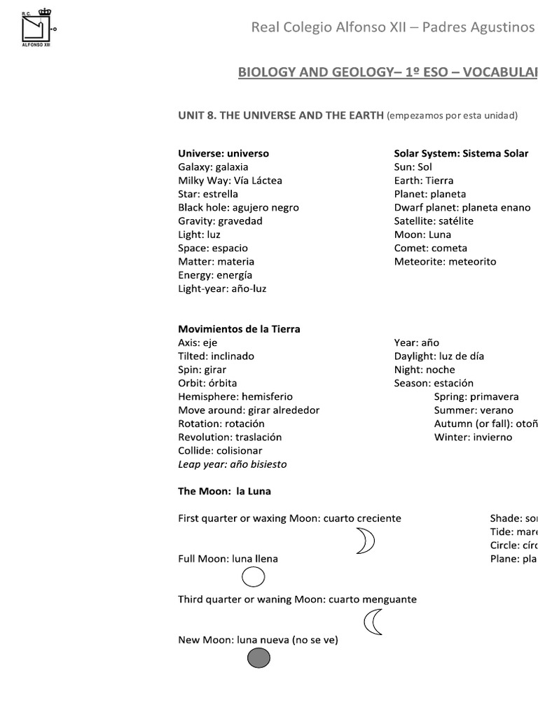 Biology and Geology 1º ESO Vocabulary | PDF