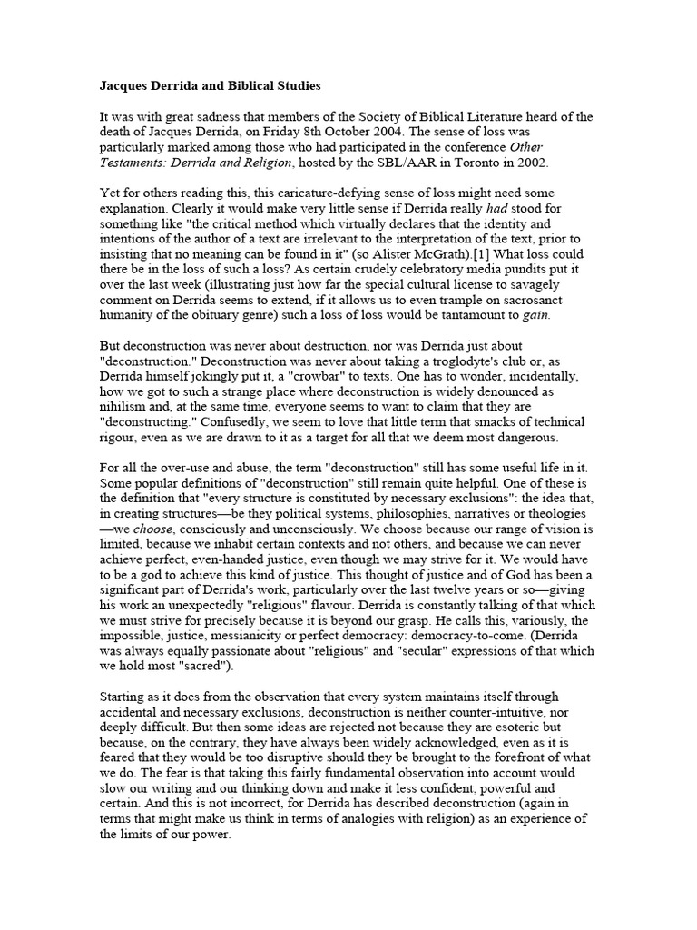 Jacques Derrida And Biblical Studies Pdf Deconstruction Jacques