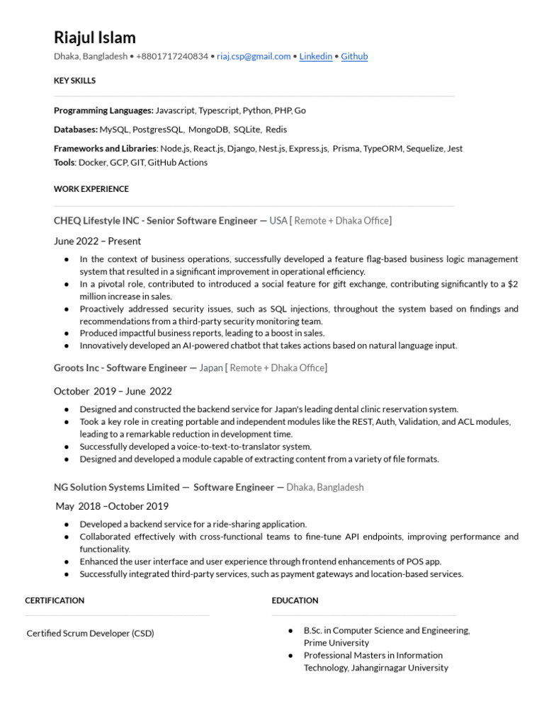 Riajul Islam: Software Engineer Profile | PDF