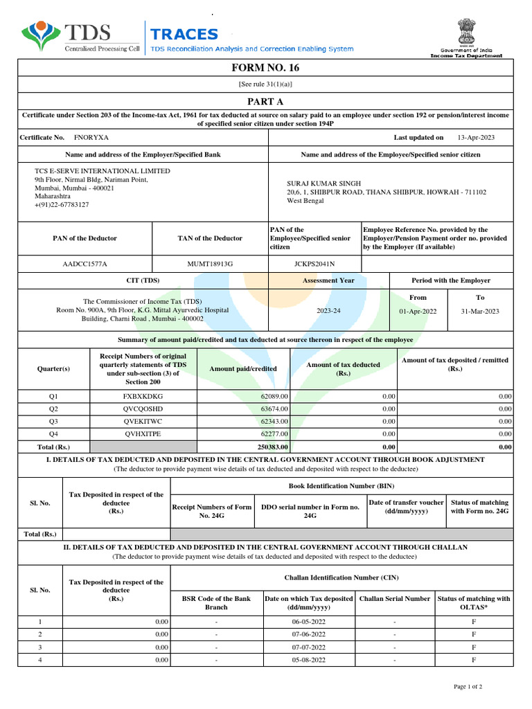 Form 16 - IT DEPT TCS Eserve Part A - 20222023 | PDF