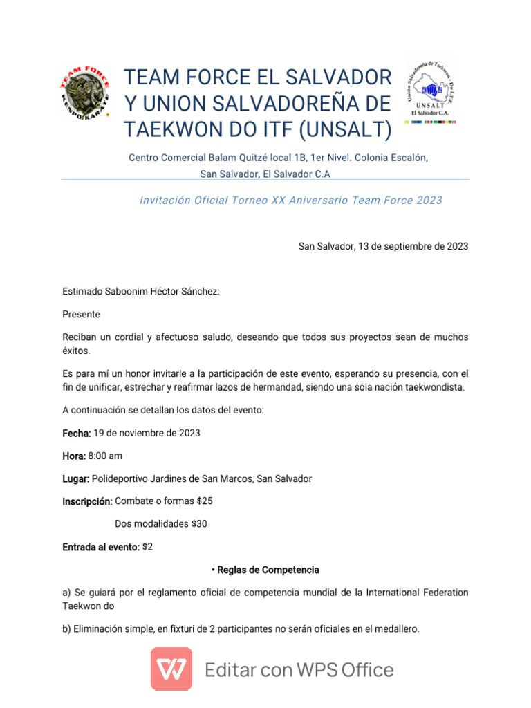 Team Force Invitacion Formal | PDF | Taekwondo | Deportes