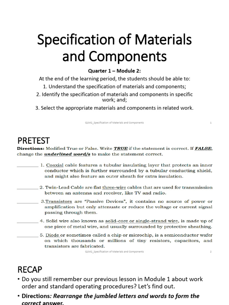 Materials and Components Specification | PDF