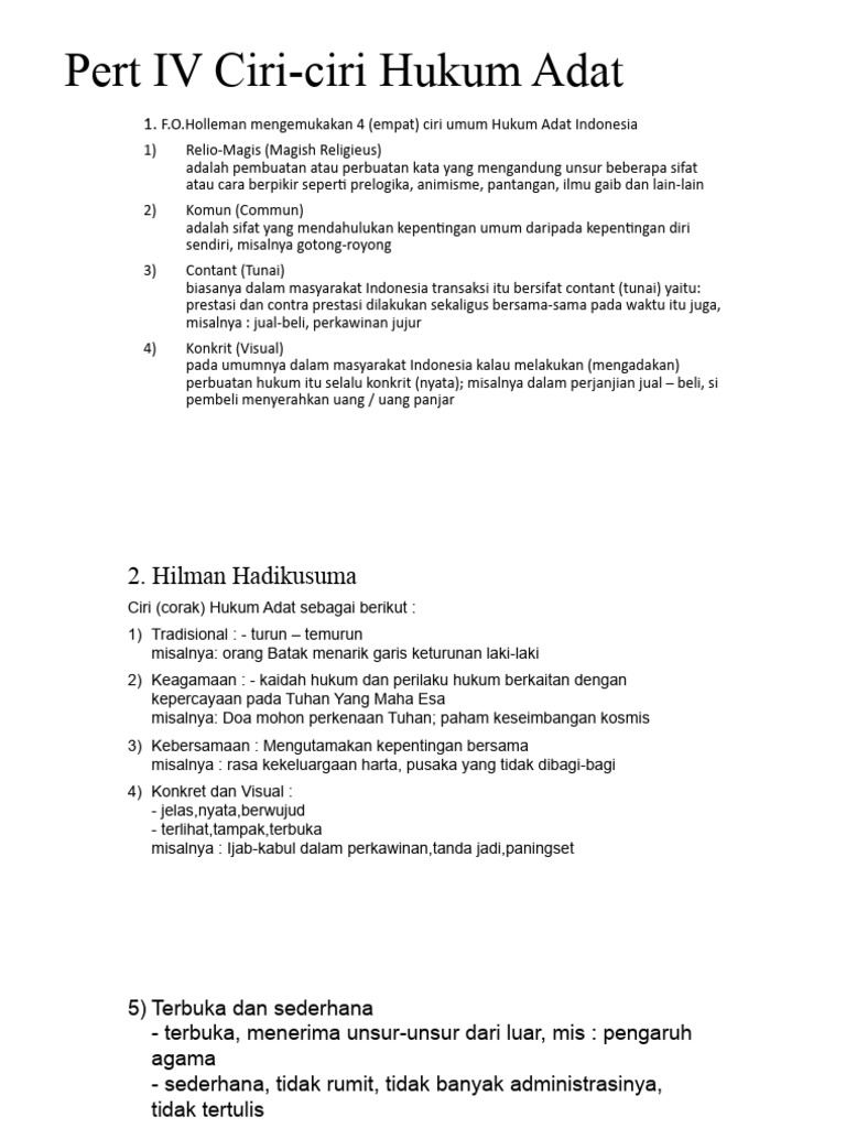 Pert IV Ciri-Ciri Hukum Adat | PDF