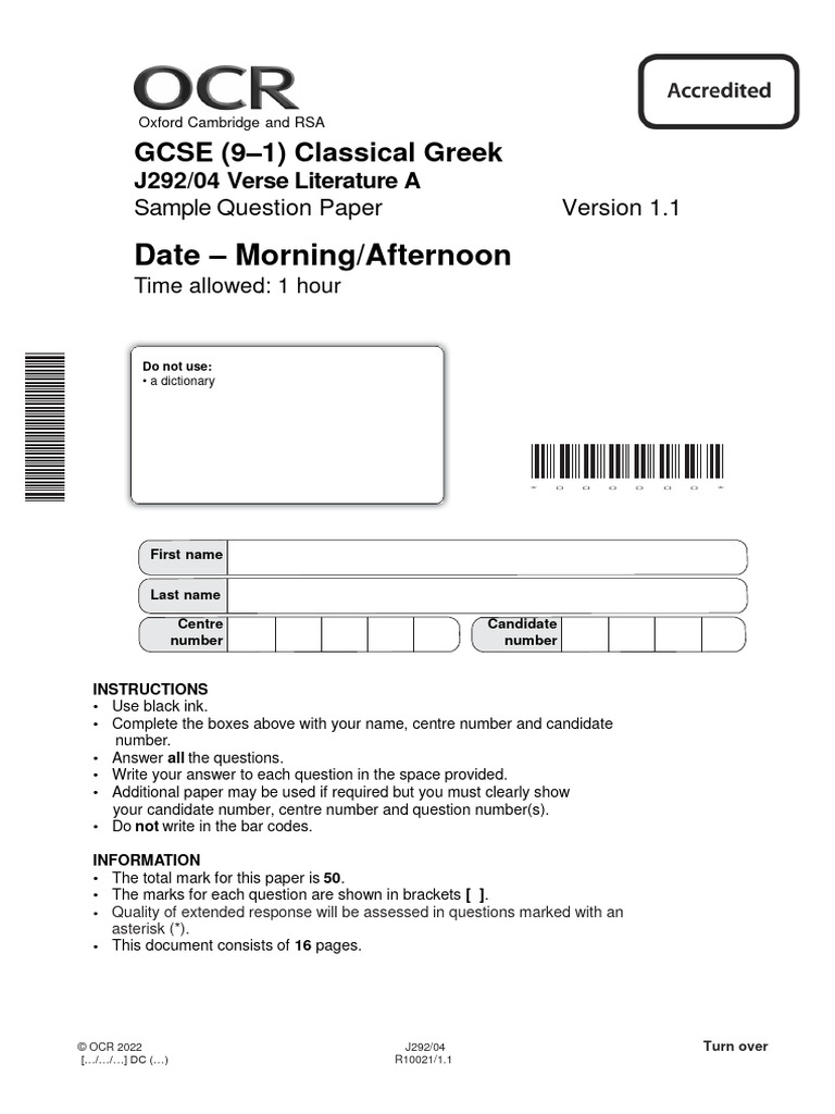 Unit j292 04 Classical Greek Verse Literature A Sample Assessment ...