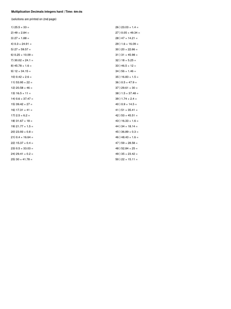 Multiplication Decimals Integers Hard - 2023 - 11 - 06 - 12 - 57 - 23 | PDF | Notation | Encodings