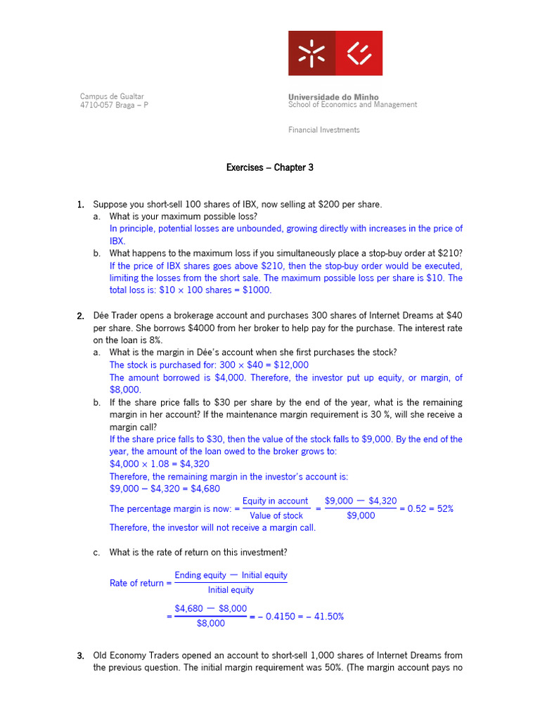 Exercises Chapter 3 With Solutions | PDF | Margin (Finance) | Stocks