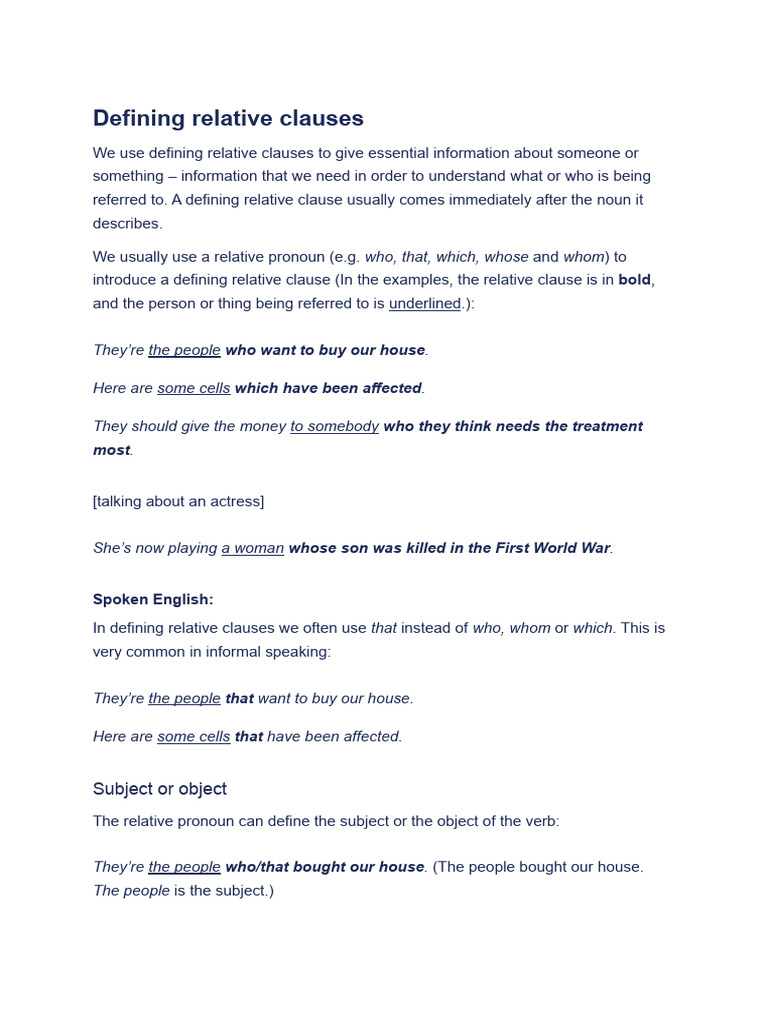 Defining and Non-Defining Relative Clauses | PDF | Subject (Grammar ...