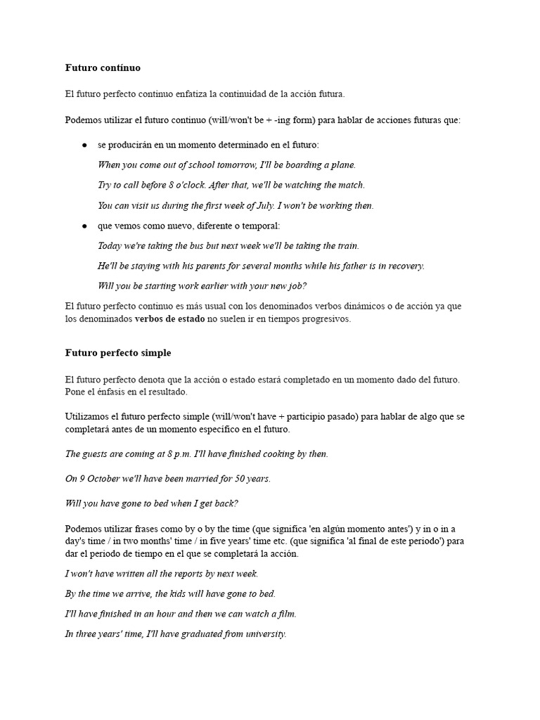 Futuro Contínuo Y Futuro Perfecto Simple Pdf