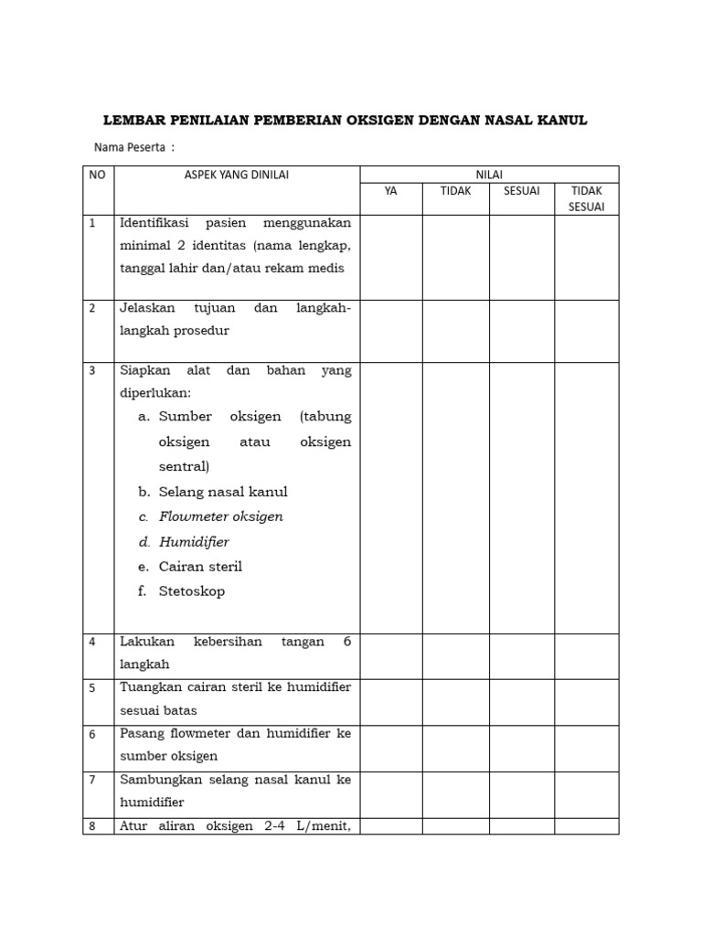 Lembar Penilaian Pemberian Oksigen Dengan Nasal Kanul | PDF