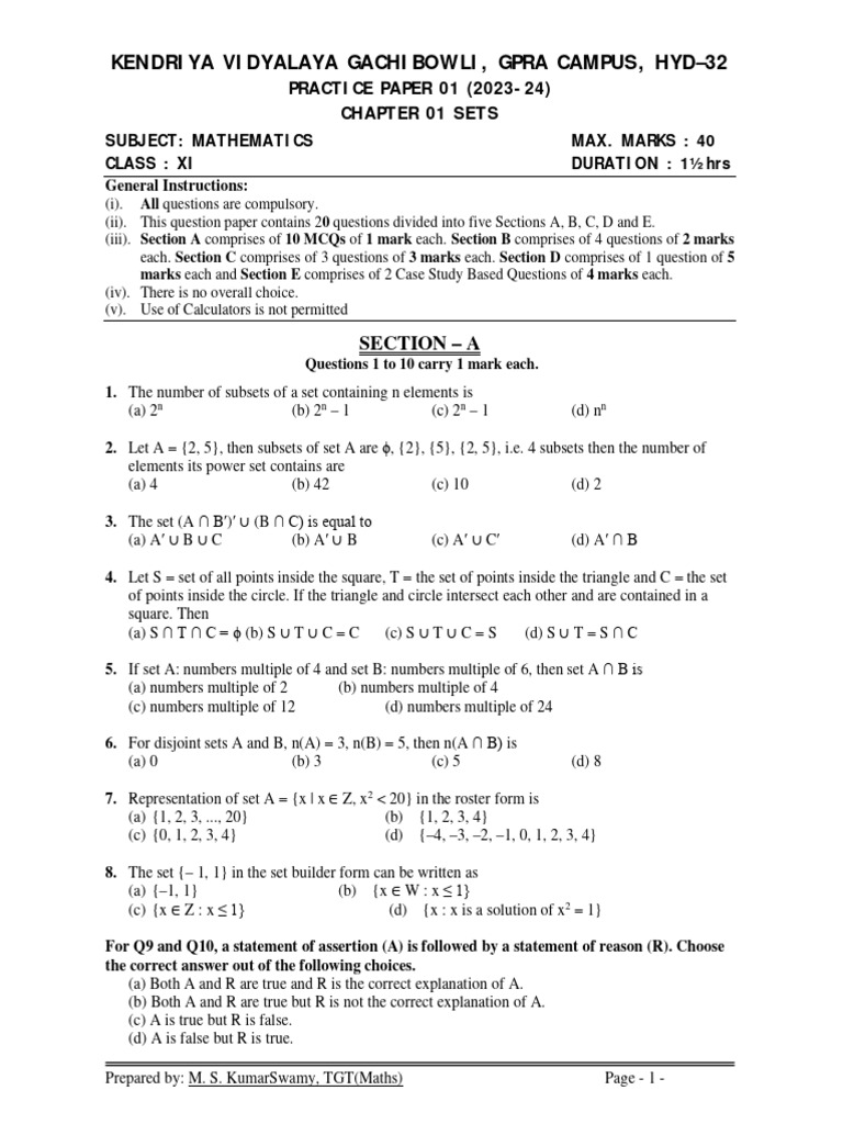 Maths Class Xi Chapter 01 Sets Practice Paper 01 | PDF | Mathematics ... Maths Class Xi Chapter 01 Sets Practice Paper 01 | PDF | Mathematics ...