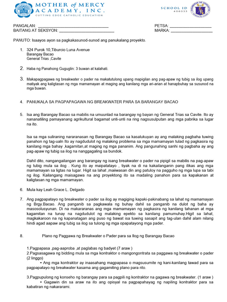 ACTIVITY FOR FILIPINO 12 PANUKALANG PROYEKTO | PDF