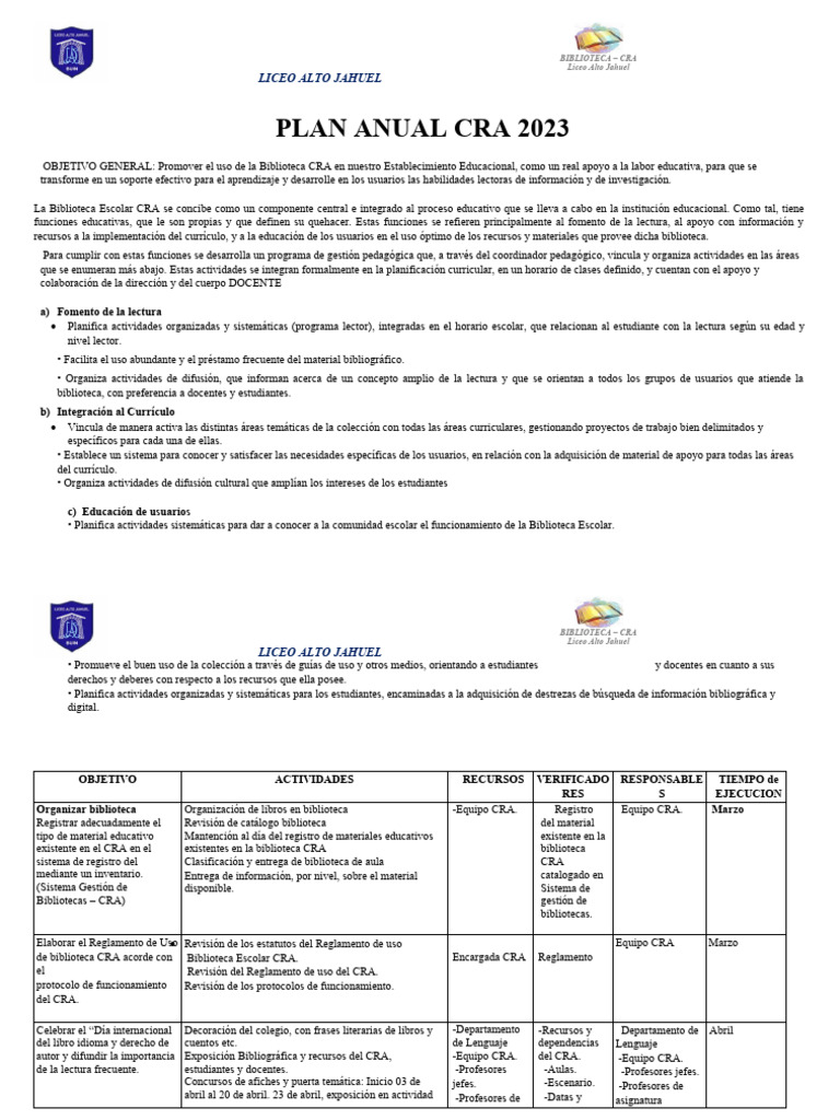Plan Cra 2023 UTP | PDF | Biblioteca escolar | Aprendizaje