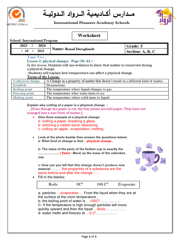 Worksheet Topic 2 Lesson 2 Physical Changes Answers | PDF | Liquids | Water Worksheet Topic 2 Lesson 2 Physical Changes Answers | PDF | Liquids | Water