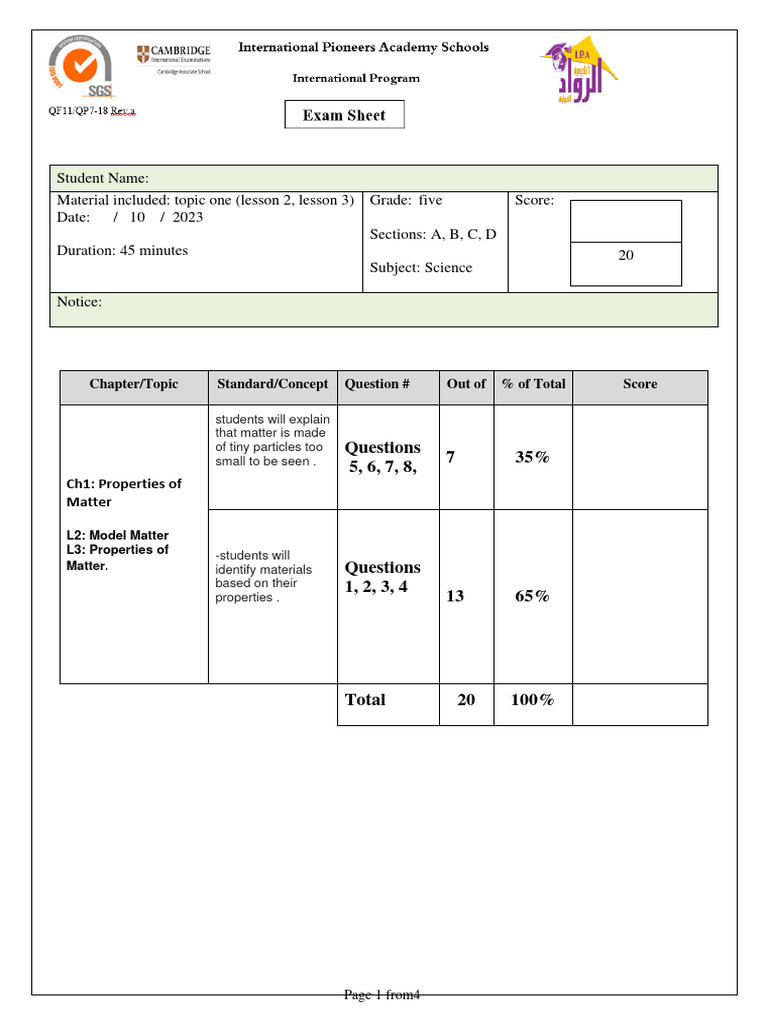Properties of Matter Assessment for Grade 5 | PDF | Chemical Compounds ...