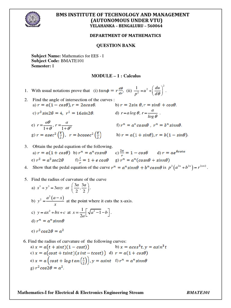 Question Bank BMATE101 | PDF | Eigenvalues And Eigenvectors | Mathematical Concepts
