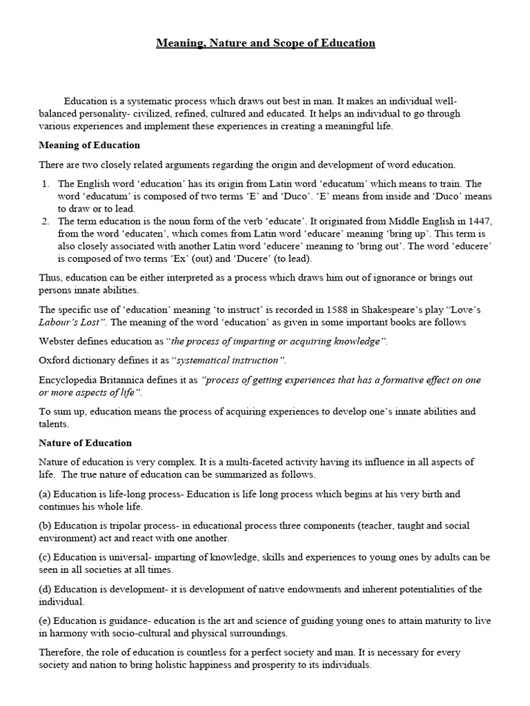 Meaning, Nature and Scope of Education | PDF | Philosophy Of Education ...